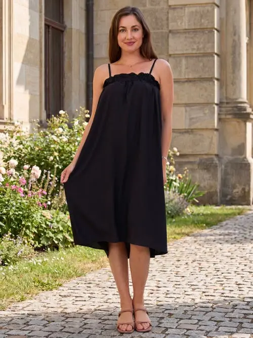 24SEVEN COMFORT APPAREL Spaghetti Strap Smocked A-line Maxi Dress - Black