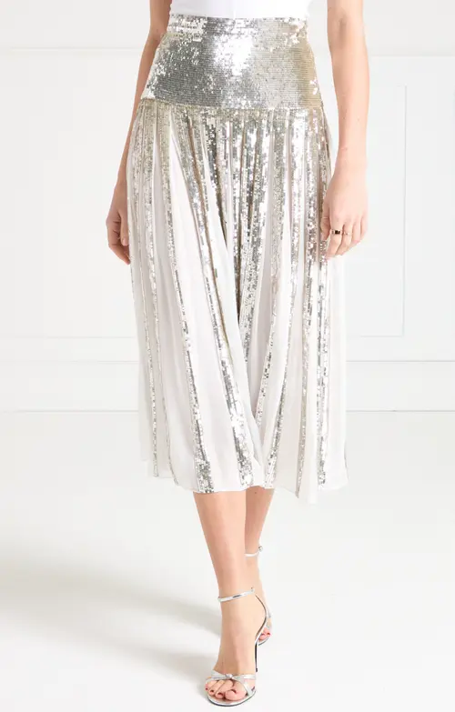 TEMPERLEY LONDON Filigree Silk Sequin Pleated Midi Skirt - Silver