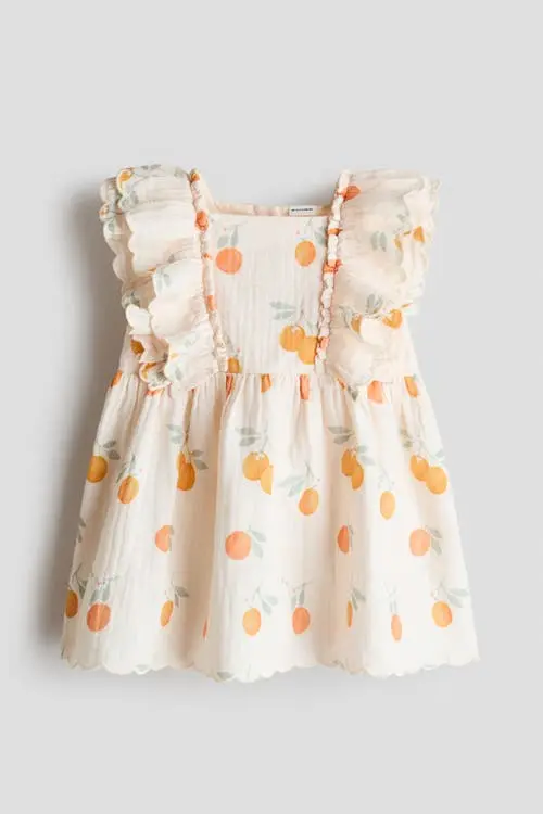 H&m Two-piece Cotton Muslin Set With Orange Print - Cream/lemons