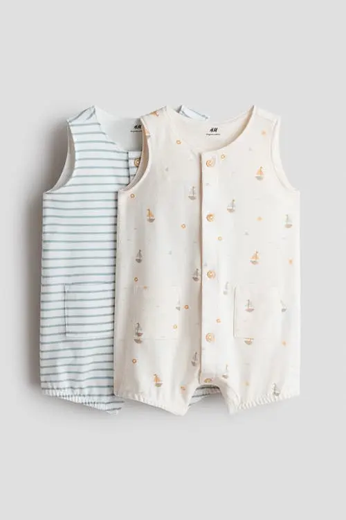 H&m 2-pack Cotton Romper Suits - Light Beige/sailboats