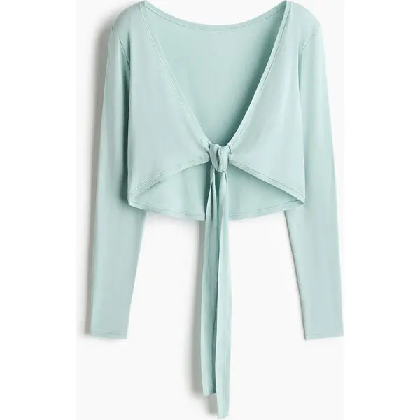 H&m Cropped Long-sleeve Yoga Top With Deep V-neck And Tie Front - Amazonite Blue