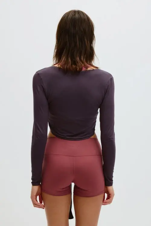 H&m Cropped Long-sleeve Yoga Top With Deep V-neck And Tie Front - Plum