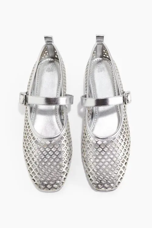 H&m Perforated Mary Jane Ballet Flats - Silver-colored