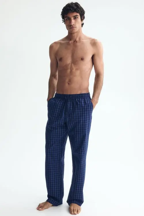 H&m Relaxed Fit Poplin Trousers With Drawstring Waist - Dark Blue/checked