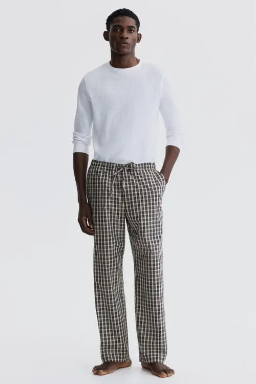 H&M Relaxed Fit Poplin Trousers With Drawstring Waist - Gray/checked