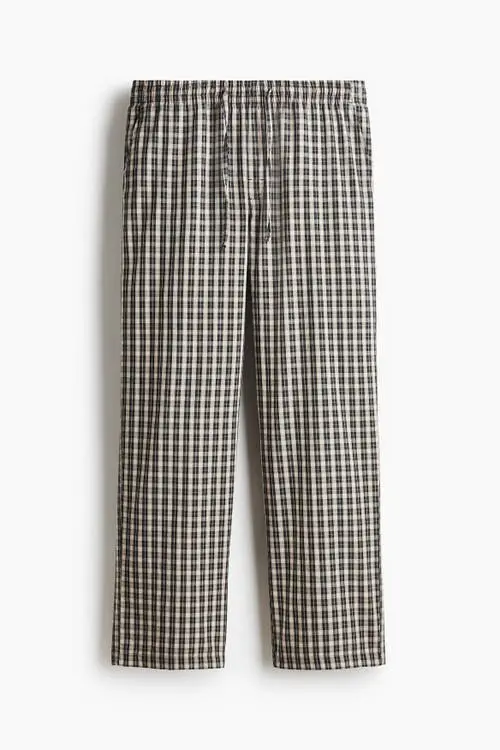 H&M Relaxed Fit Poplin Trousers With Drawstring Waist - Gray/checked