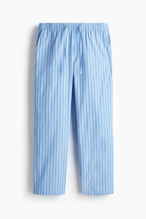 H&M Relaxed Fit Poplin Trousers With Drawstring Waist - Light Blue/striped