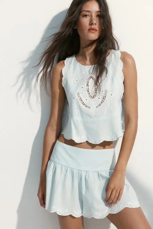 H&m Embroidered Linen-cotton Blend Shorts