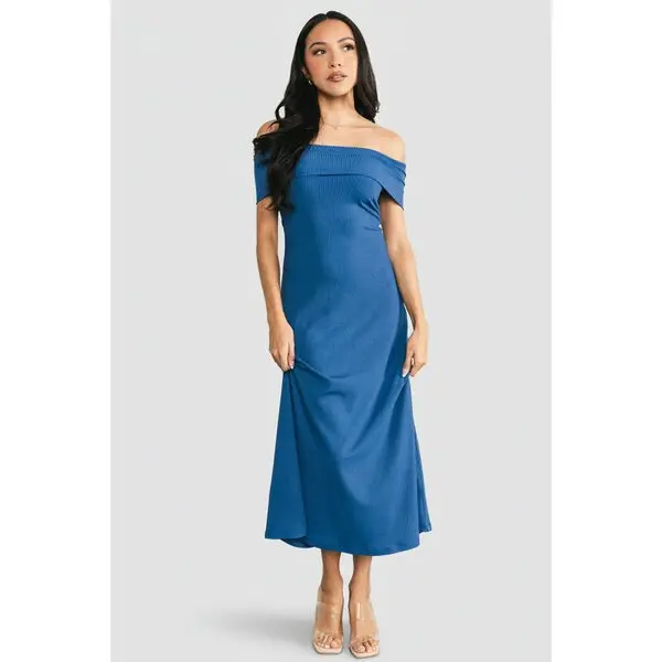 BALTIC BØRN Baltic Born Ribbed Off-the-shoulder Midi Dress - Navy
