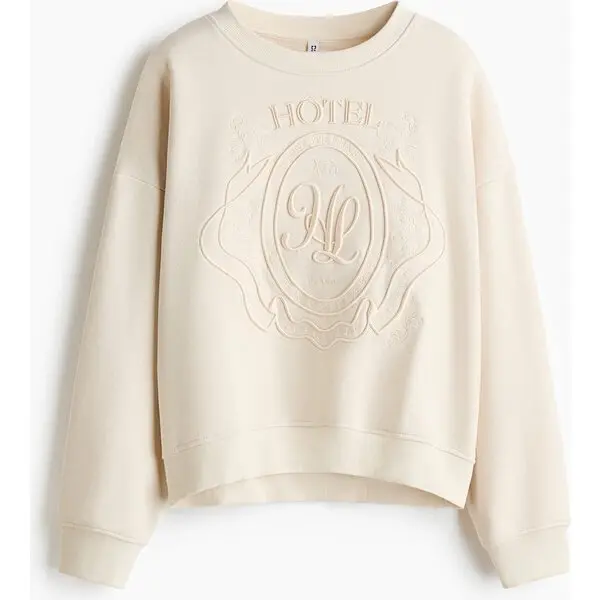 H&m Embroidered Motif Detail Oversized Sweatshirt - Light Beige/hôtel De Luxe