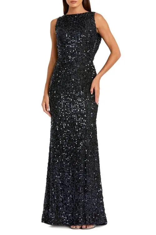 Mac Duggal Petite Sequin Sleeveless Draped Back Evening Gown - Midnight