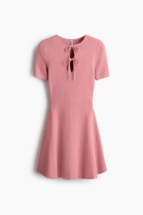 H&m Rib-knit Mini Dress With Tie Detail - Pink