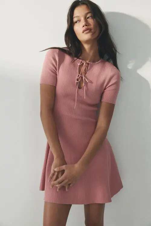 H&m Rib-knit Mini Dress With Tie Detail - Pink