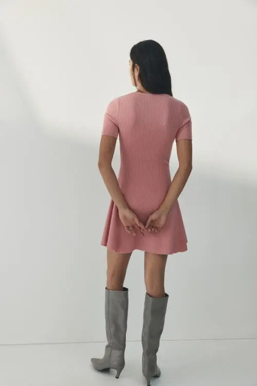 H&m Rib-knit Mini Dress With Tie Detail - Pink