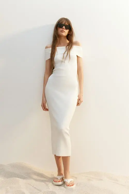 H&M Ribbed Off-the-shoulder Midi Dress - White