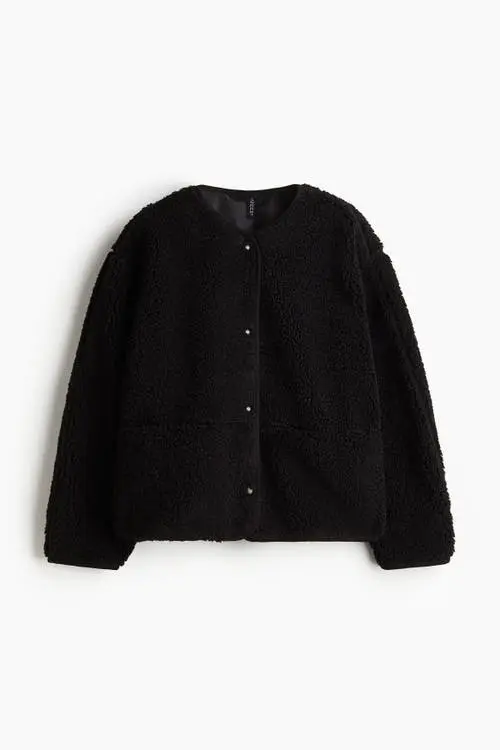 H&m Teddy Jacket With Press-stud Fastening And Drop Shoulders - Black