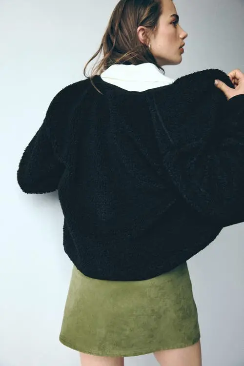 H&m Teddy Jacket With Press-stud Fastening And Drop Shoulders - Black