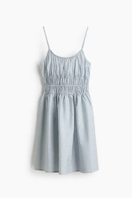 H&m Tie-strap Cotton Dress - Light Blue/gingham Check