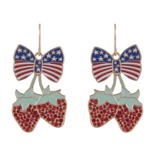 HALLMARK Strawberry And American Flag Bow Dangle Earrings