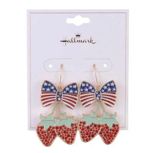 HALLMARK Strawberry And American Flag Bow Dangle Earrings