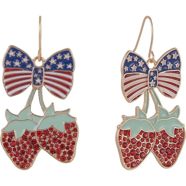 HALLMARK Strawberry And American Flag Bow Dangle Earrings