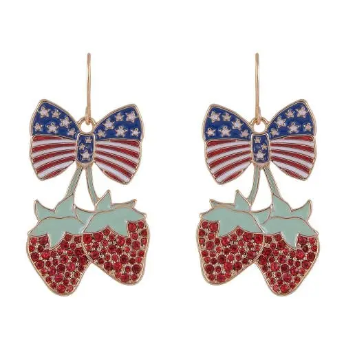HALLMARK Strawberry And American Flag Bow Dangle Earrings