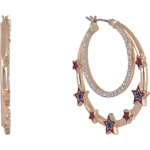 HALLMARK Gold Tone Double Hoop Earrings With Crystal And Enamel Star Accents - Red