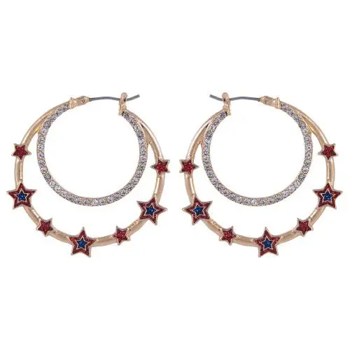 HALLMARK Gold Tone Double Hoop Earrings With Crystal And Enamel Star Accents