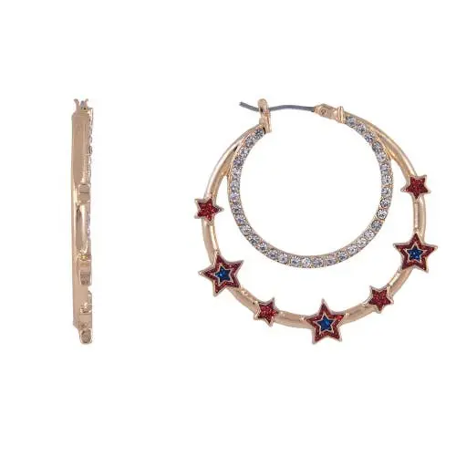 HALLMARK Gold Tone Double Hoop Earrings With Crystal And Enamel Star Accents