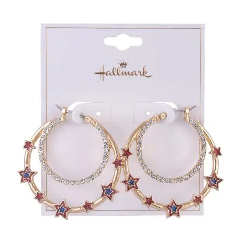 HALLMARK Gold Tone Double Hoop Earrings With Crystal And Enamel Star Accents