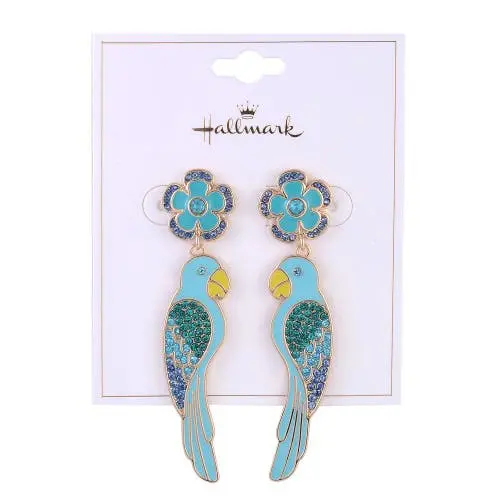 HALLMARK Enamel Parrot Dangle Earrings With Stone Accents - Blue