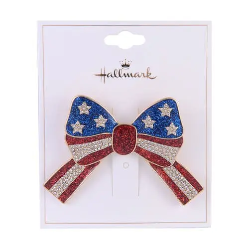 HALLMARK American Flag Bow Pin With Crystal Accents