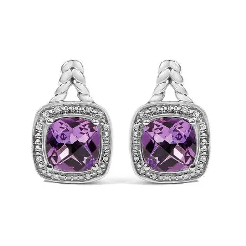 HAUS OF BRILLIANCE Sterling Cushion Cut Amethyst And Diamond Accent Halo Drop Earrings - Silver