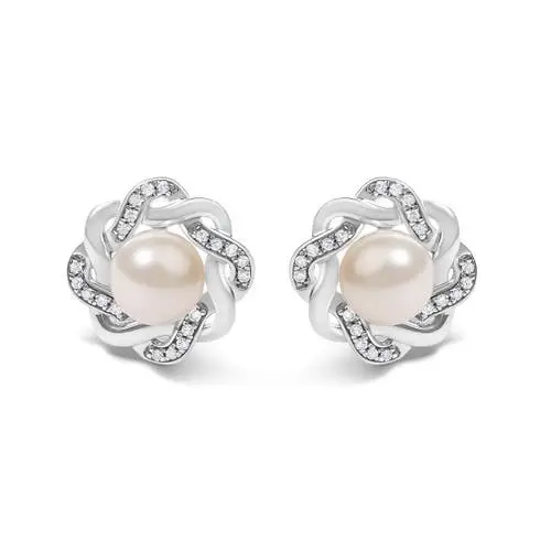HAUS OF BRILLIANCE Sterling Pearl And Diamond Floral Twist Stud Earrings - Silver
