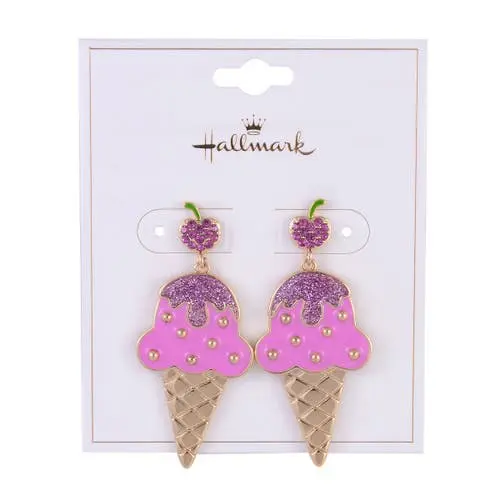 HALLMARK Ice Cream Cone Dangle Earrings With Glass Stone Accents