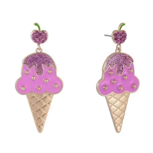 HALLMARK Ice Cream Cone Dangle Earrings With Glass Stone Accents - Pink