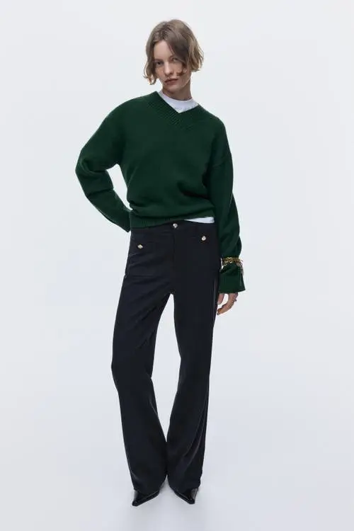 H&m Flared Twill Trousers With High Waist - Navy Blue