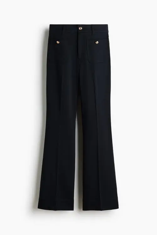 H&m Flared Twill Trousers With High Waist - Navy Blue