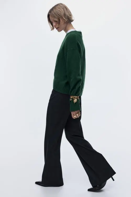 H&m Flared Twill Trousers With High Waist - Navy Blue
