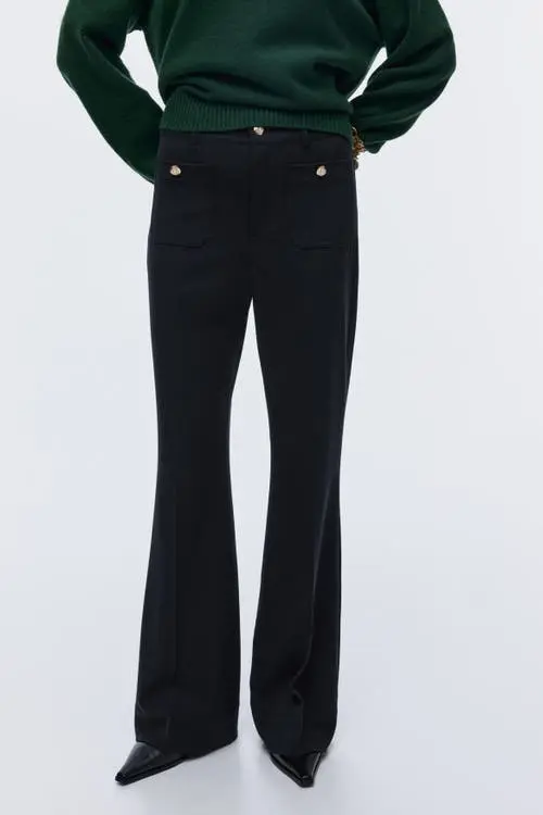 H&m Flared Twill Trousers With High Waist - Navy Blue