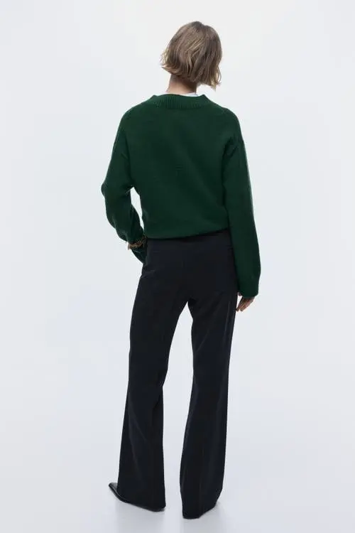 H&m Flared Twill Trousers With High Waist - Navy Blue