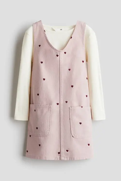 H&m Pinafore Dress And Long Sleeve Top Set - Pink/hearts