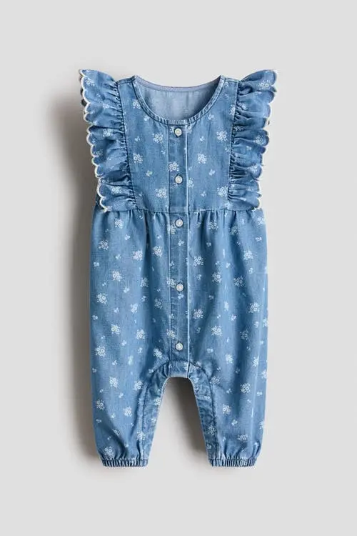 H&m Sleeveless Printed Denim Romper With Scalloped Frills - Denim Blue/floral