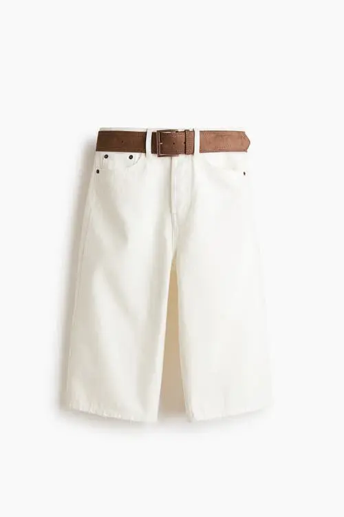 H&m High-waisted Belted Denim Bermuda Shorts - Cream