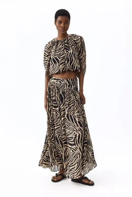 H&m Chiffon Maxi Skirt - Beige/zebra Print