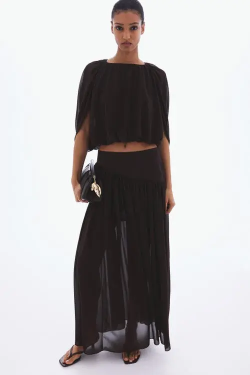 H&m Maxi Skirt In Crêpe Chiffon With Gathered Detail