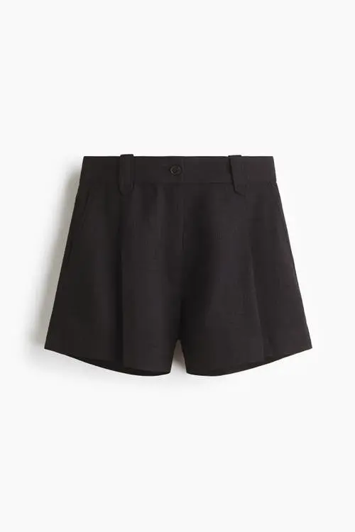 H&m Pleated Textured Weave Shorts - Black