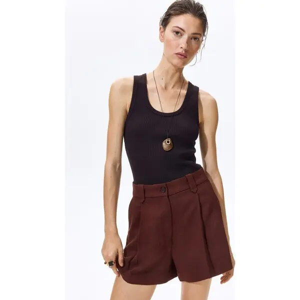 H&m Pleated Textured Weave Shorts - Rust Brown