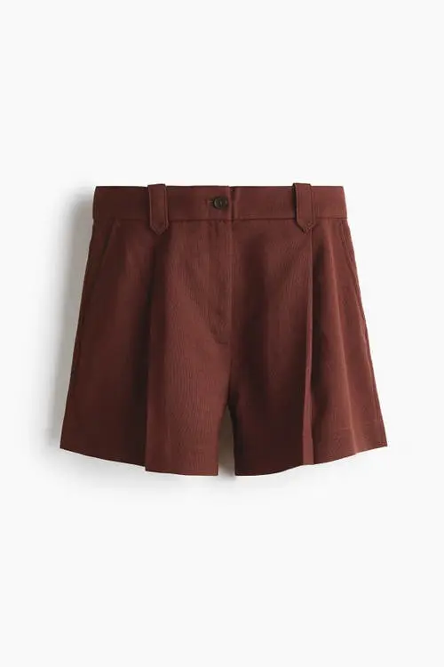 H&m Pleated Textured Weave Shorts - Rust Brown