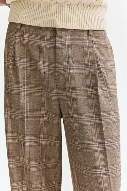 H&m Loose Fit Tailored Trousers - Beige/plaid